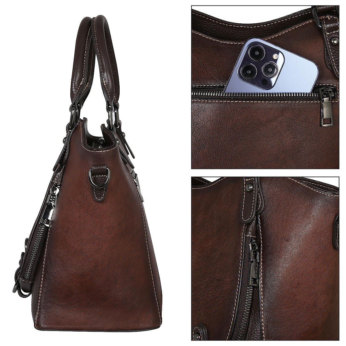 Iswee Leather Shoulder Bags for Women Satchel Bags Vintage Designer Crossbody Purses Tote Bags with Zipper Top-Handle (Coffee)