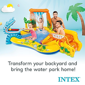Intex Inflatable Dinosaur Play Center Outdoor Playhouse Inflatable Water Park with Kid Pool Slide, Water Sprayer, Waterfall, and 6 Balls, Multicolor