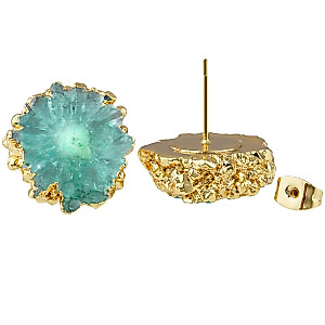 SUNYIK Natural Quartz Geode Druzy Stud Earrings, Irregular Green