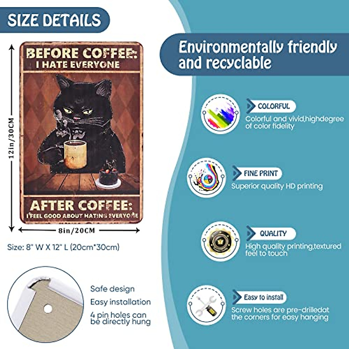 Black Cat Wall Decor Sign - 8x12 Inch Retro Metal Wall Art Posters Prints Decorative for Home Room Bathroom Bedroom Kitchen Bar Office Etc.（ I Hate Everyone｜I Feel Good About Hating Everyone）