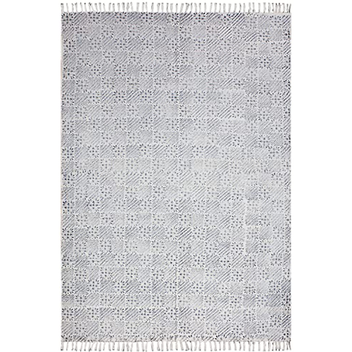 Casavani Hand Made Cotton Dhurrie Abstract Blue & Beige Tassel Rug Easy Care Washable Rugs for Doormat Entryway Living Room Bedroom Hallway Balcony 12x12 Feet Square