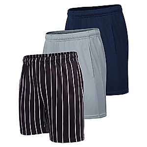 COOFANDY Men's Short Running Shorts 3 Pack Quick Dry Athletic Workout Gym Shorts with Pockets,Black & White Stripe/Navy Blue/Grey,Large