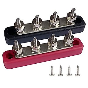 4 Terminals Bus Bar, Ampper 4.2" Power/Ground Distribution Block Brass Battery BusBar Junction for Car Vehicle Rv Truck Marine Boat Audio Amplifier and More (Red & Black)