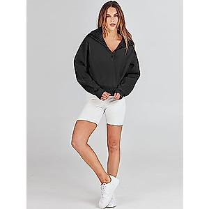 Prinbara Hoodie for Women Pullover Long Sleeve Sweatshirt Button down V Neck Teen Girls Fall Trendy Y2k Clothes Oversized Sweater 2023 1PA139-heise-M Black