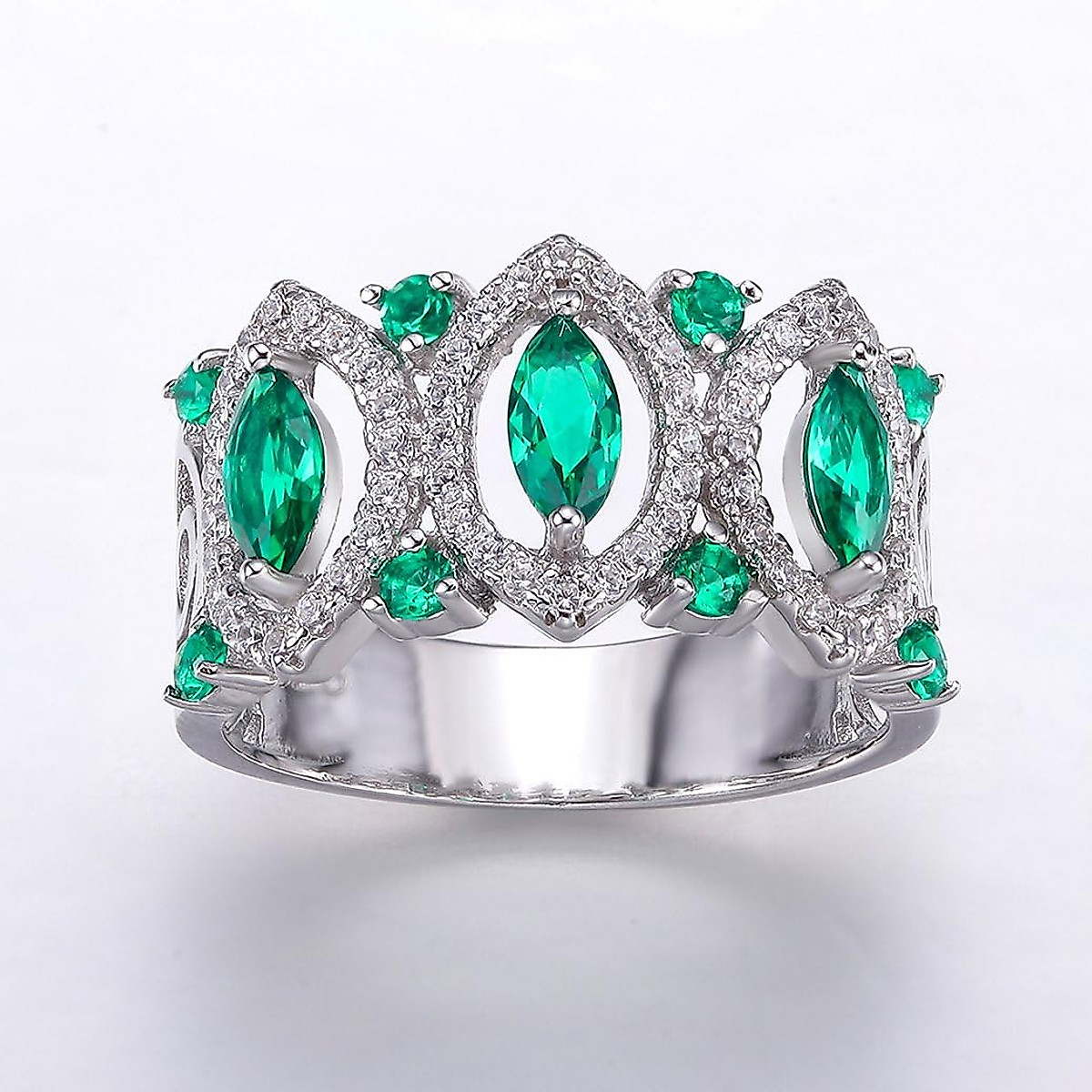 925 Sterling Silver Created Green Topaz CZ Oval Cut Halo Wide Eternity Anniversary Engagement Wedding Band Ring for Women