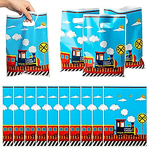 3sscha 50Pcs Train Party Favor Bag Transportation Themed Waterproof Goodie Bag with Die Cut Handles Railway Traffic Glossy Plastic Candy Gift Bags for Kids Birthday Baby Shower Decoration Supplies