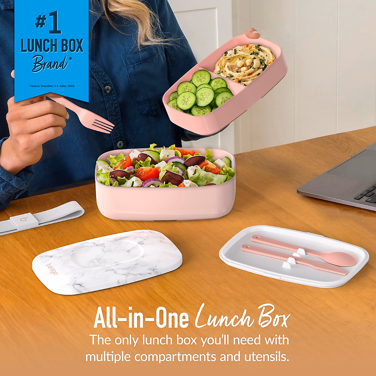 Bentgo Classic - All-in-One Stackable Bento Lunch Box Container - Modern Bento-Style Design Includes 2 Stackable Containers, Built-in Plastic Utensil Set, and Nylon Sealing Strap (Blush Marble)