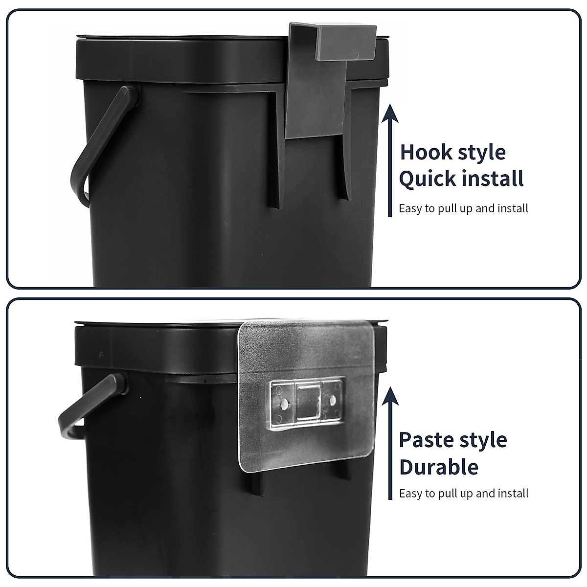 Domiella 2 Pack 1.3 + 0.8Gal Hanging Small Trash Can with Lid, Kitchen Compost Bin for Counter Top Under Sink, Sealed Food Waste Bin, Mountable Indoor Compost Bucket for Cupboard/Bathroom (Black)