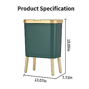 Trash Can with Lid, Plastic Garbage Can with Push Button, Modern Waste Basket for Kitchen, Slim Bedroom Garbage Bin, 15L Bathroom Trash Can for Home, Living Room, Toilet, Office (Gold Edge)