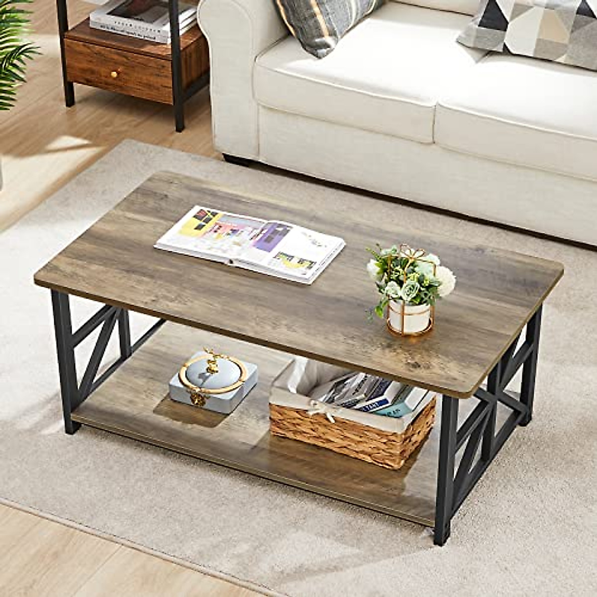 GreenForest Coffee Table for Living Room with Round Corners Farmhouse Style Center Table with Storage Shelf 40 Inch Space Saving Easy Assembly Gray Wash