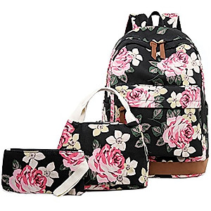 abshoo Floral Backpacks For Girls Canvas School Bookbags Teen Girls Backpacks With Lunch Bag (Floral Black)