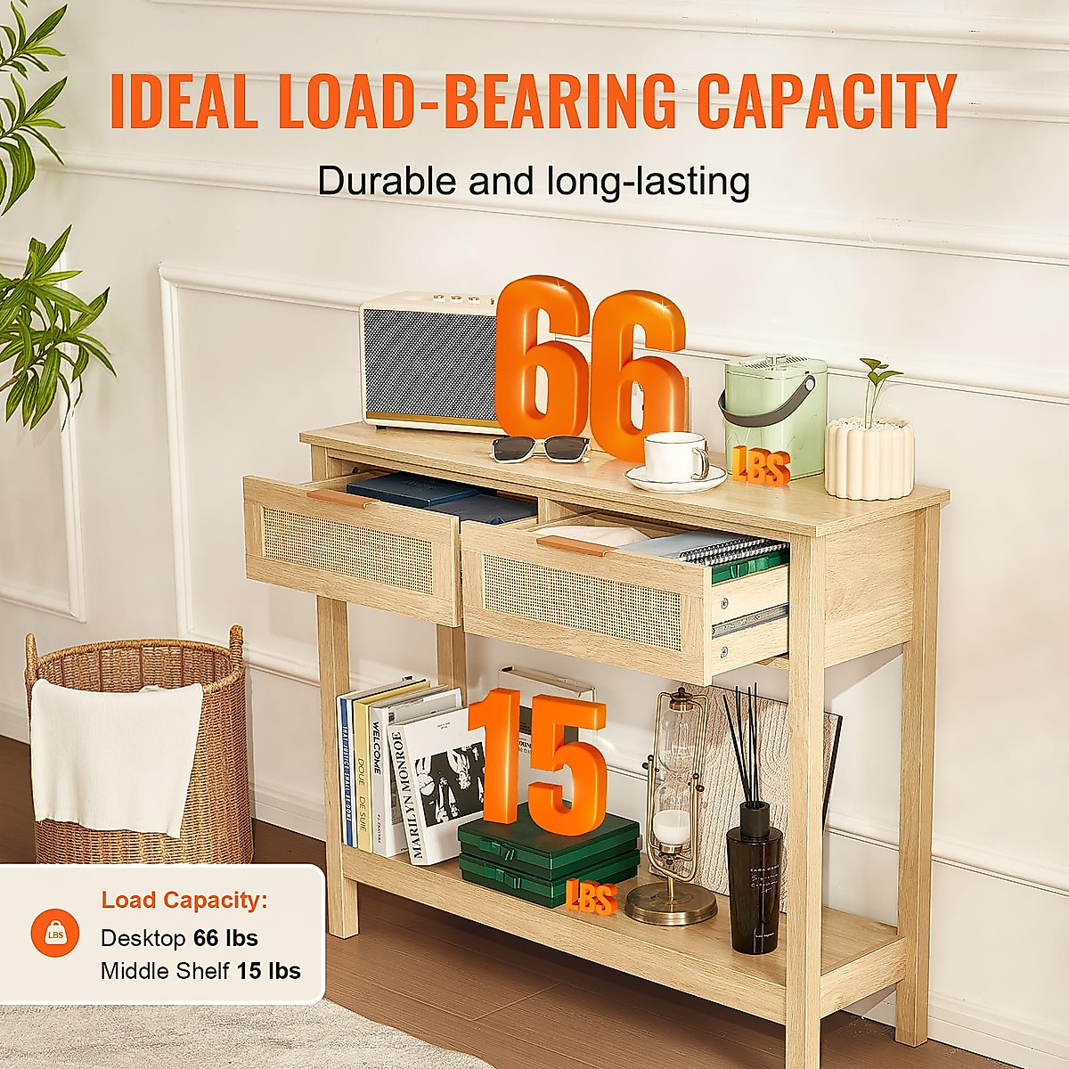 VEVOR Rattan Console Table with 2 Storage Drawers, Rattan Entryway Table with Natural Rattan Sliding Door, Console Sofa Table for Living Room, Study, Entryway Or TV Wall, Natural