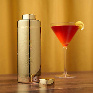 Viski Art Deco Gold Cocktail Shaker, 24 oz Etched Stainless Steel Shaker With Strainer & Gold Finish