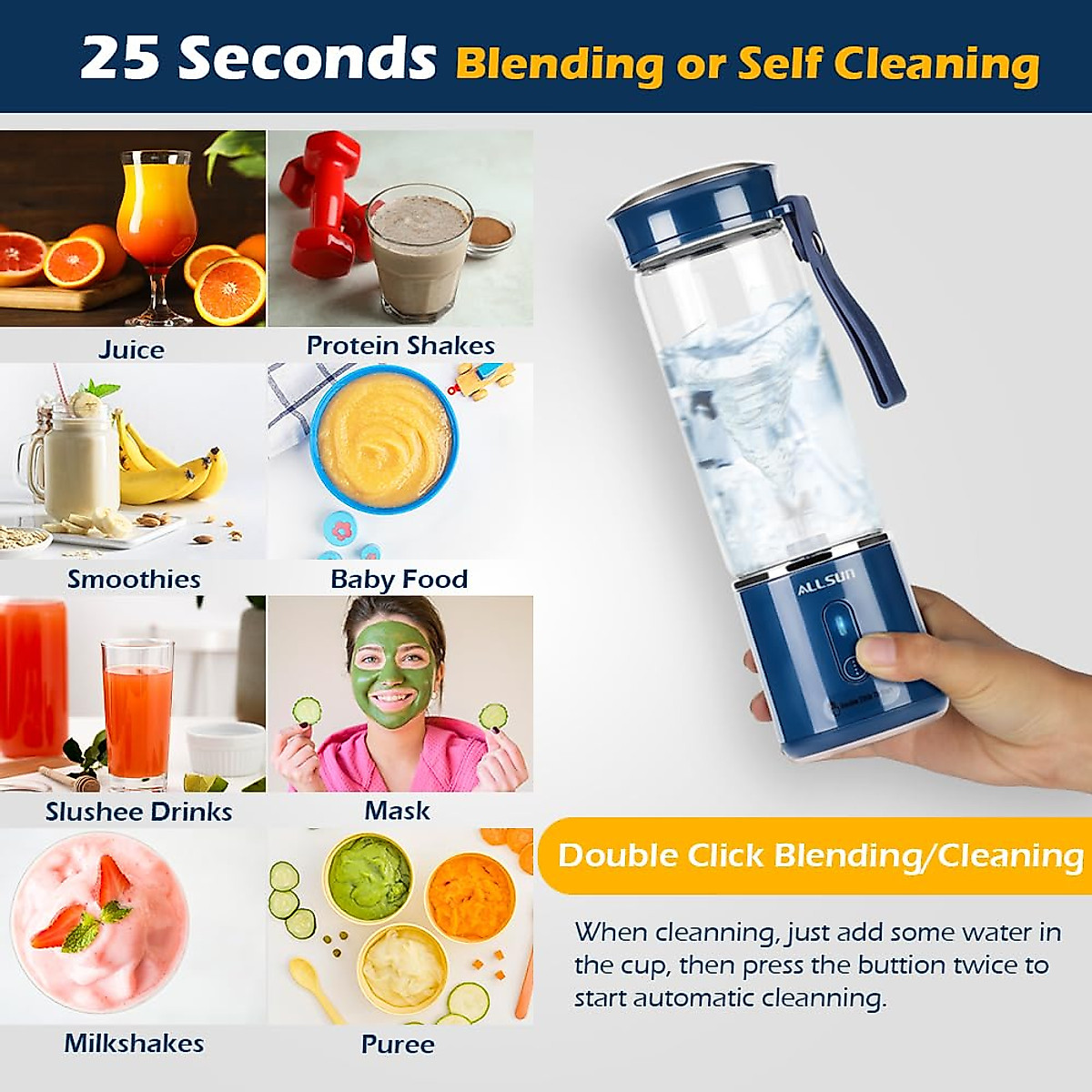 ALLSUN Portable Blender 270W Personal Blender for Shakes and Smoothies, 16 Oz Travel Cup with Lid and 6 Sharp Blades, 2400mAh USB-C Rechargeable Handheld Juicer Cup for Office/Kitchen/Gym/Outdoor