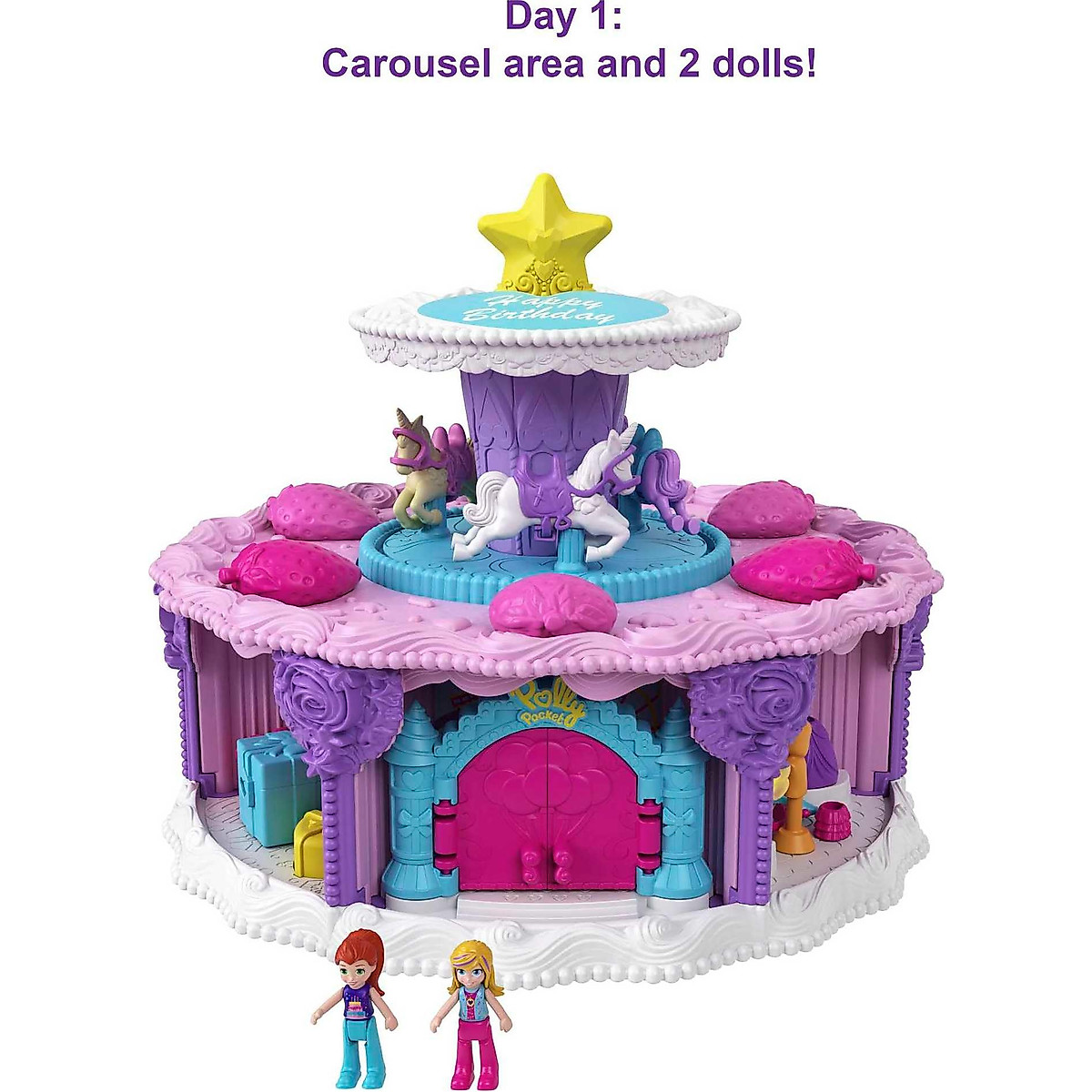 Polly Pocket 2-in-1 Playset, Unicorn Toy with 2 Micro Dolls & 25 Surprise Accessories, Birthday Cake Countdown