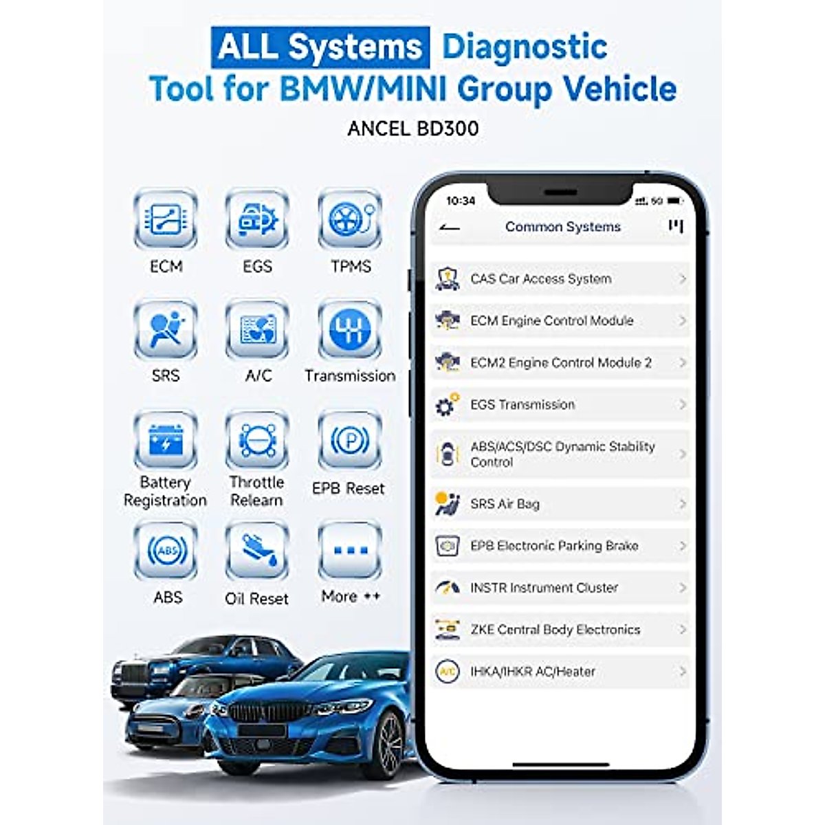 ANCEL BD300 OBD2 Scanner Bluetooth Fits for BMW Full System Code Reader Fits for BMW Diagnostic Tool with Battery Registration Tool Service EPB CBS ETC ABS Airbag & Powerful OBD2 Scanner for All Cars
