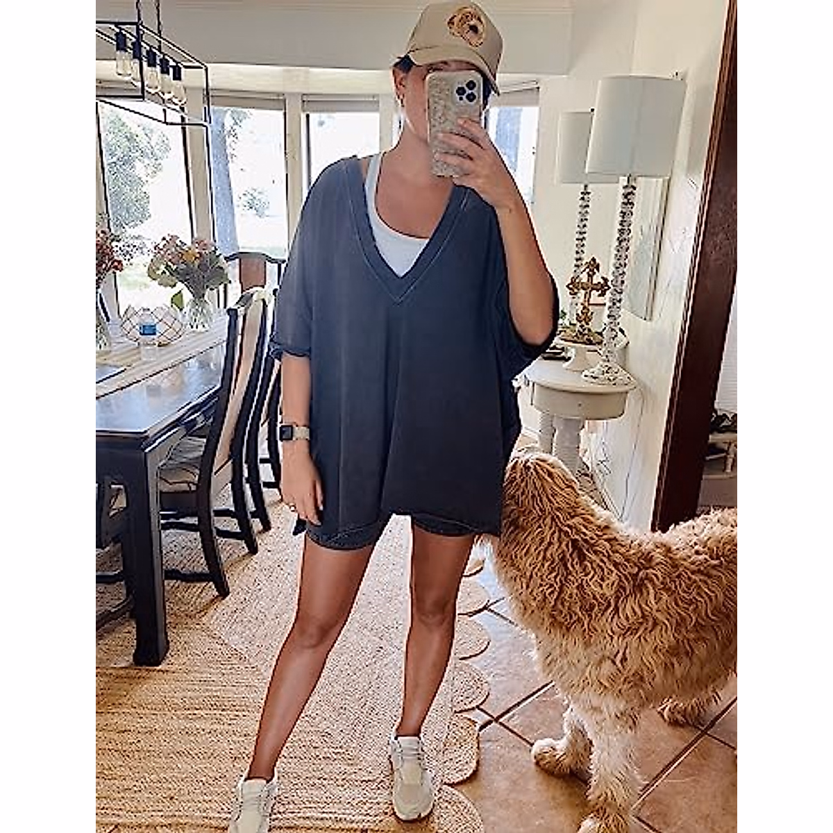 TIQOJE Womens Workout Set 2 Piece Outfits Oversized V Neck T Shirt Biker Shorts Reversible Set(-Darkgrey01-Medium)