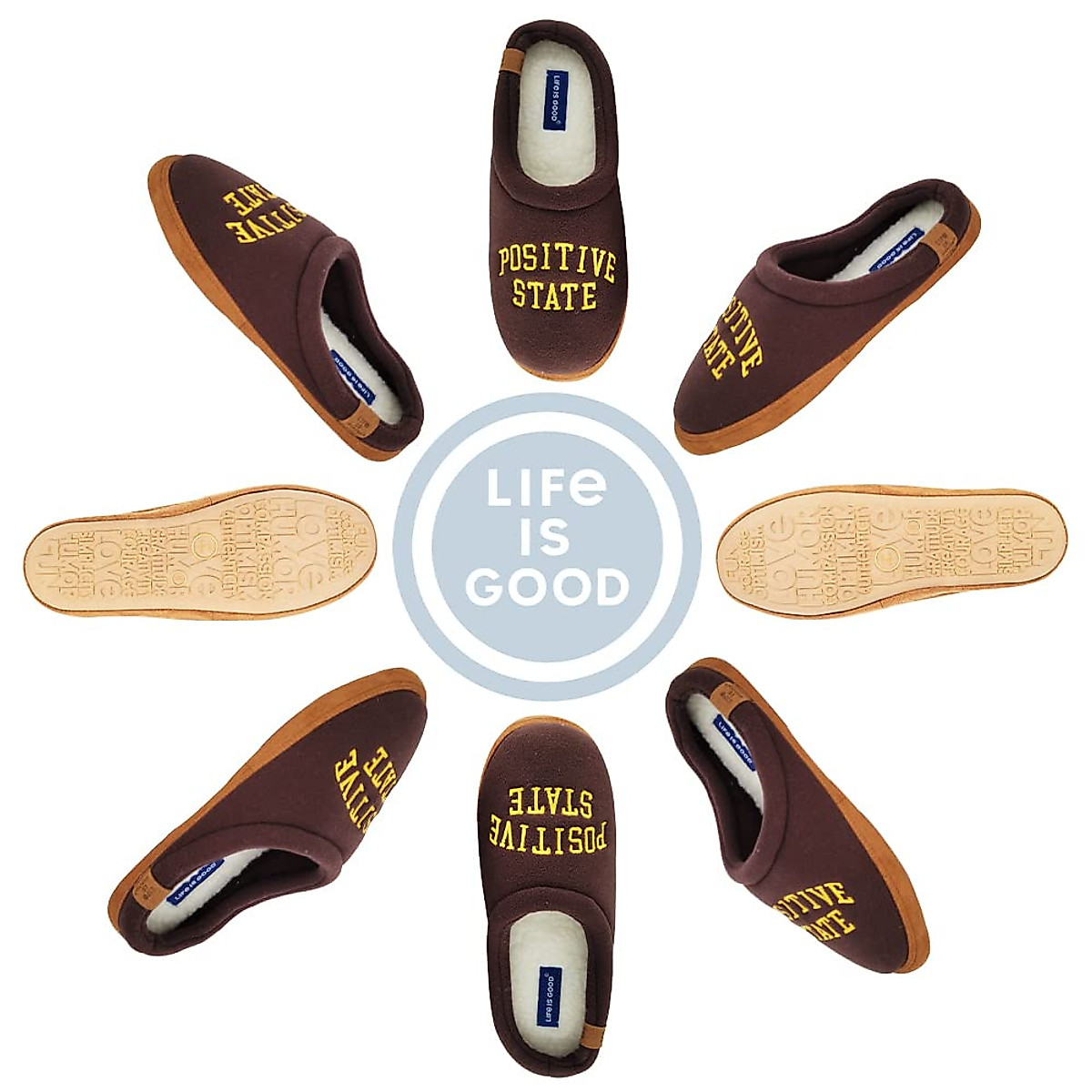 Life is Good Men's Open Back Fleece Slipper, 303593M - Suede & Fleece Indoor/Outdoor Plush & Cozy with Soft Foam & Rubber Sole Slippers, Dark Brown - Positive State, 10