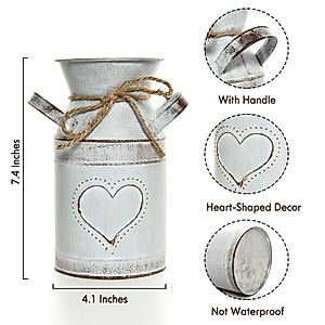 Timoo Rustic Milk Jug Vase Metal Milk Can Decor White Farmhouse Vase with Heart-Shaped for Wedding, Home, Living Room, Bathroom, Dining Table, Desk, Office, Garden Decoration