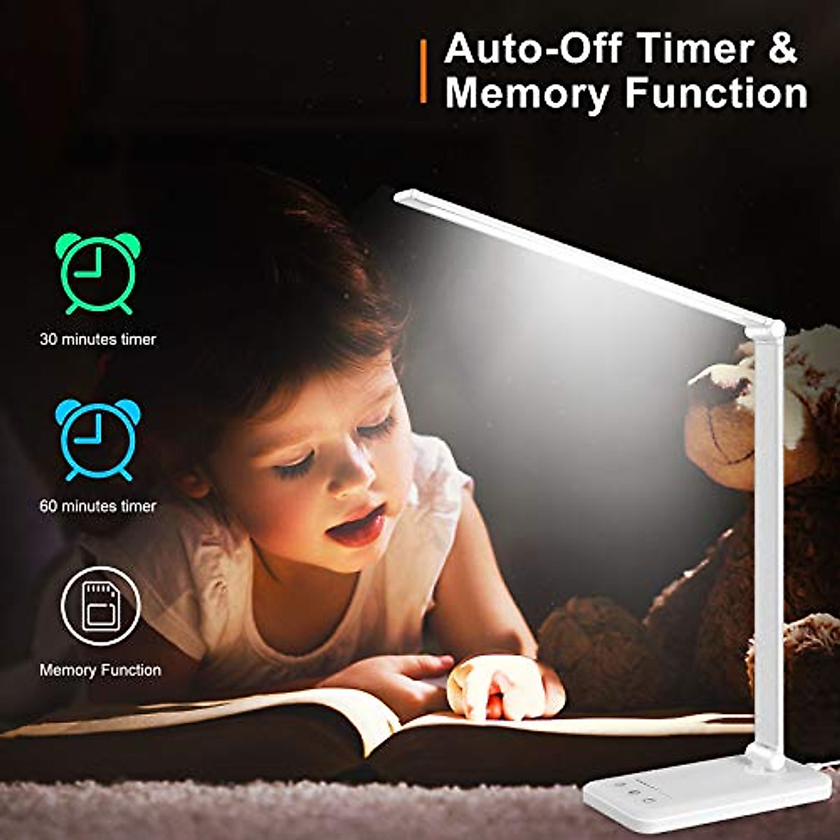 Linkstyle LED Desk Lamp, Table Light with USB Charging Port, Foldable Dimmable 5 Modes 10 Brightness Levels Touch Control Desk Light Auto Timer Eye Caring Book Reading Lamps for Home Office