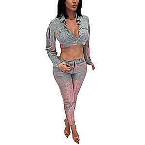 MS Mouse Womens Long Sleeve Jackets and Capris Set Sequin Two Piece Outfits L Silver