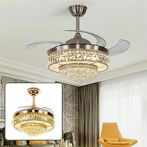 36inch 42inch Chandelier Ceiling Fan LED Crystal Retractable Invisible Ceiling Fan Light Dimmable 3 Speeds&3 Color Lights w/Remote for Bedroom Dining Room Living Room Hotel Restaurant (Gold, 42inch)