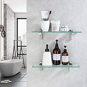 KES Glass Shelf for Bathroom, 15.8-Inch Bathroom Wall Shelf with Rectangle Tempered Glass and Brushed Nickel Bracket, Glass Bathroom Shelves 2 Pack, BGS3201S40-2-P2