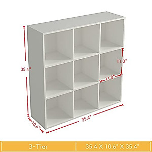 OSCHF 9-Cube Storage Shelf Bookcase - Wooden 3-Tier Floor Standing Open Bookshelf for Home and Office, Display Cabinet, Warm White