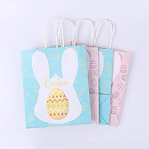 KEPATO 12 PCS Easter Gift Bags Paper Bag with Handles Bunny Design for Easter Egg Hunts, Party Favors Candies Goodie Bags Bulk,Packaging, Gifts