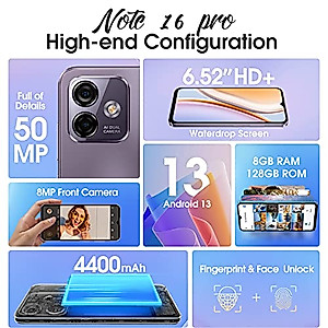 Ulefone Note 16 Pro Unlocked Cell Phones, Android 13 Unlocked Phones, 16GB+128GB, 50MP Main Camera, 6.52” HD+ Waterdrop Screen, 8-Core Processor, 4400mAh Battery, Dual 4G Unlocked Smartphone-Purple