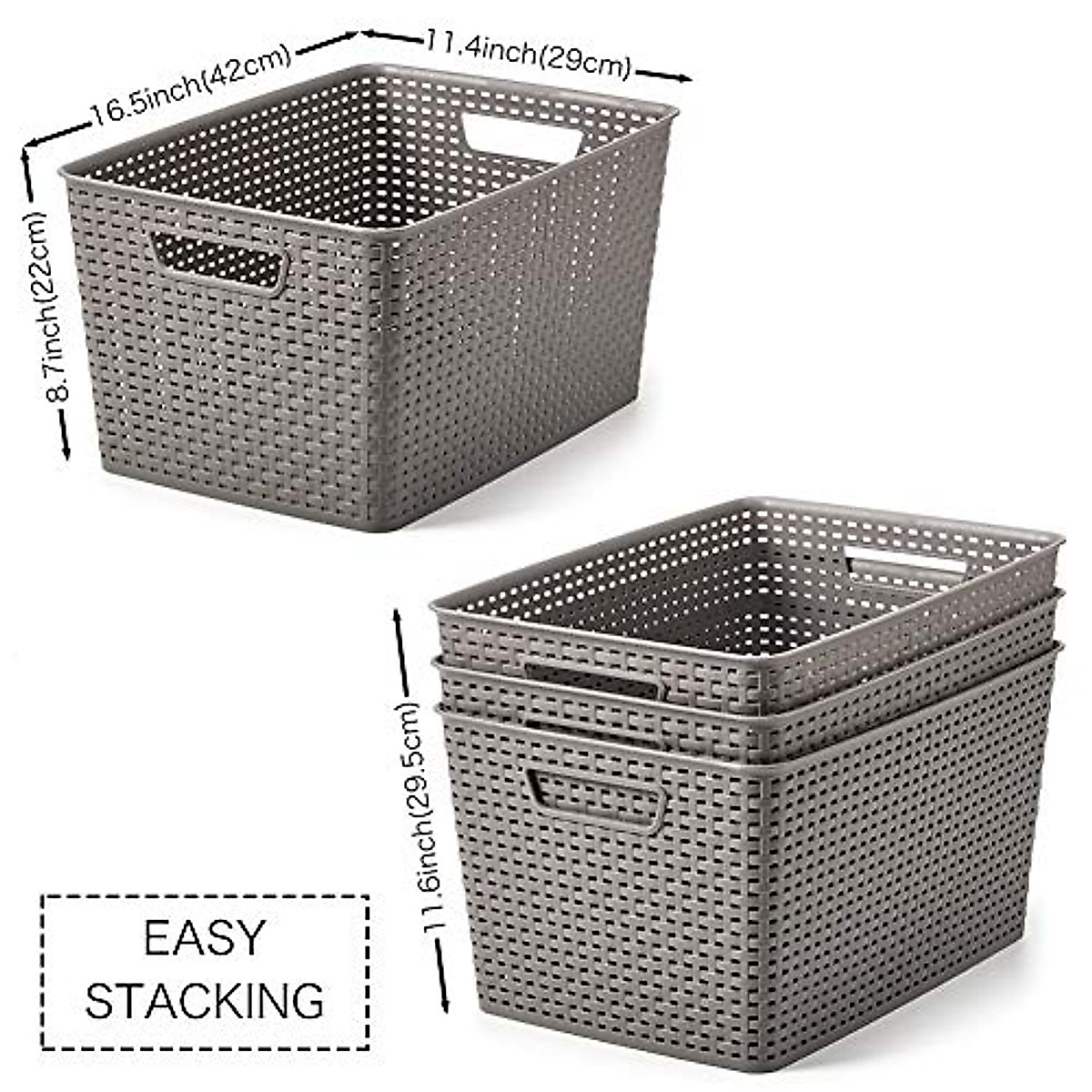 EZOWare 3 Pack X-Large Gray Woven Plastic Storage Baskets, Organizer Knit Basket Bin Boxes with Handle - 16.5x11.4x8.7 inch