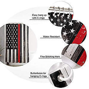 4 PCS Independence Day USA Flag Shower Curtain Set with Bath Rugs,American Red Line Fireman Waterproof Curtains Soft Bathroom Non-Slip Floor Mats Toilet U-Shaped Pad and Toilet Lid Covers Wood Plank