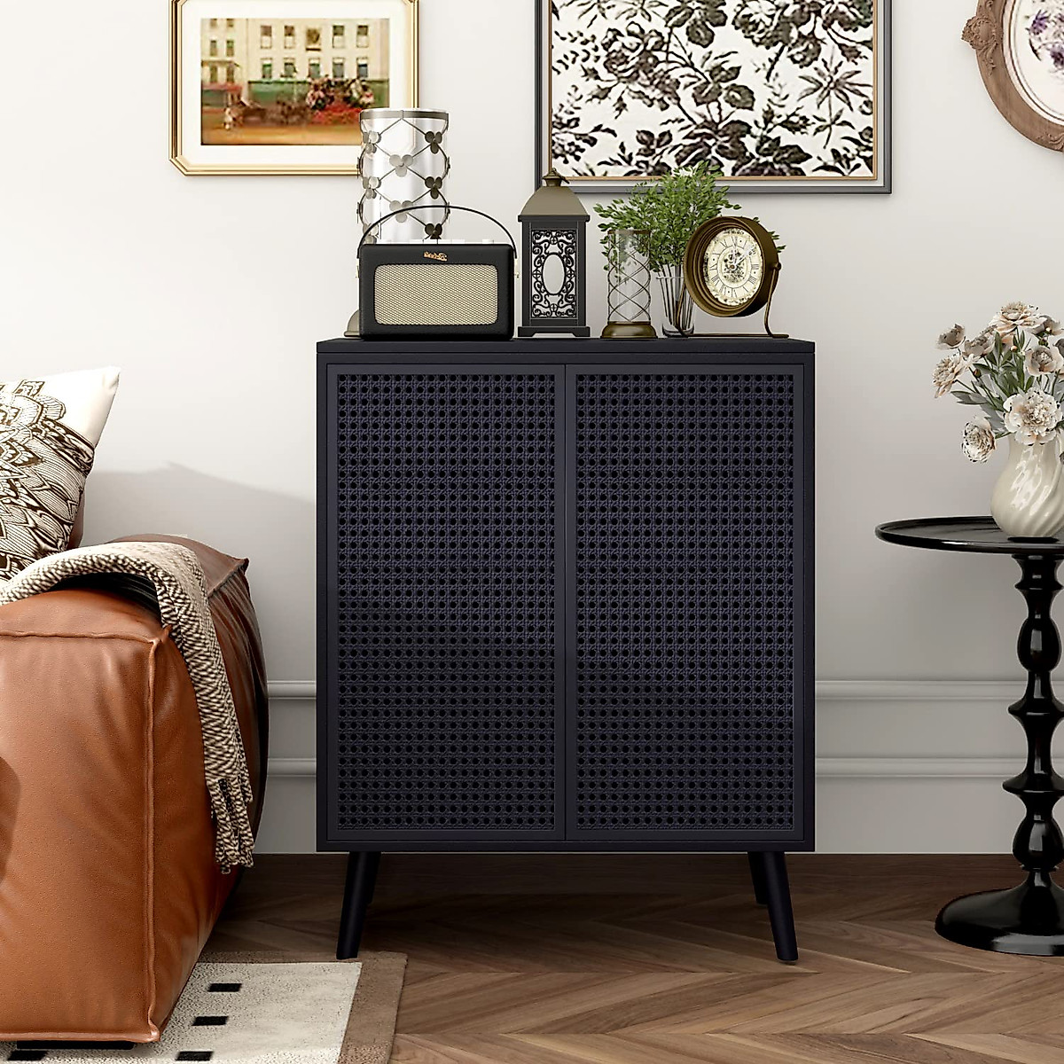 JZXSHD Metal Rattan Accent Cabinet - 2 Door Buffet Storage for Kitchen, Living Room and Hallway, Black