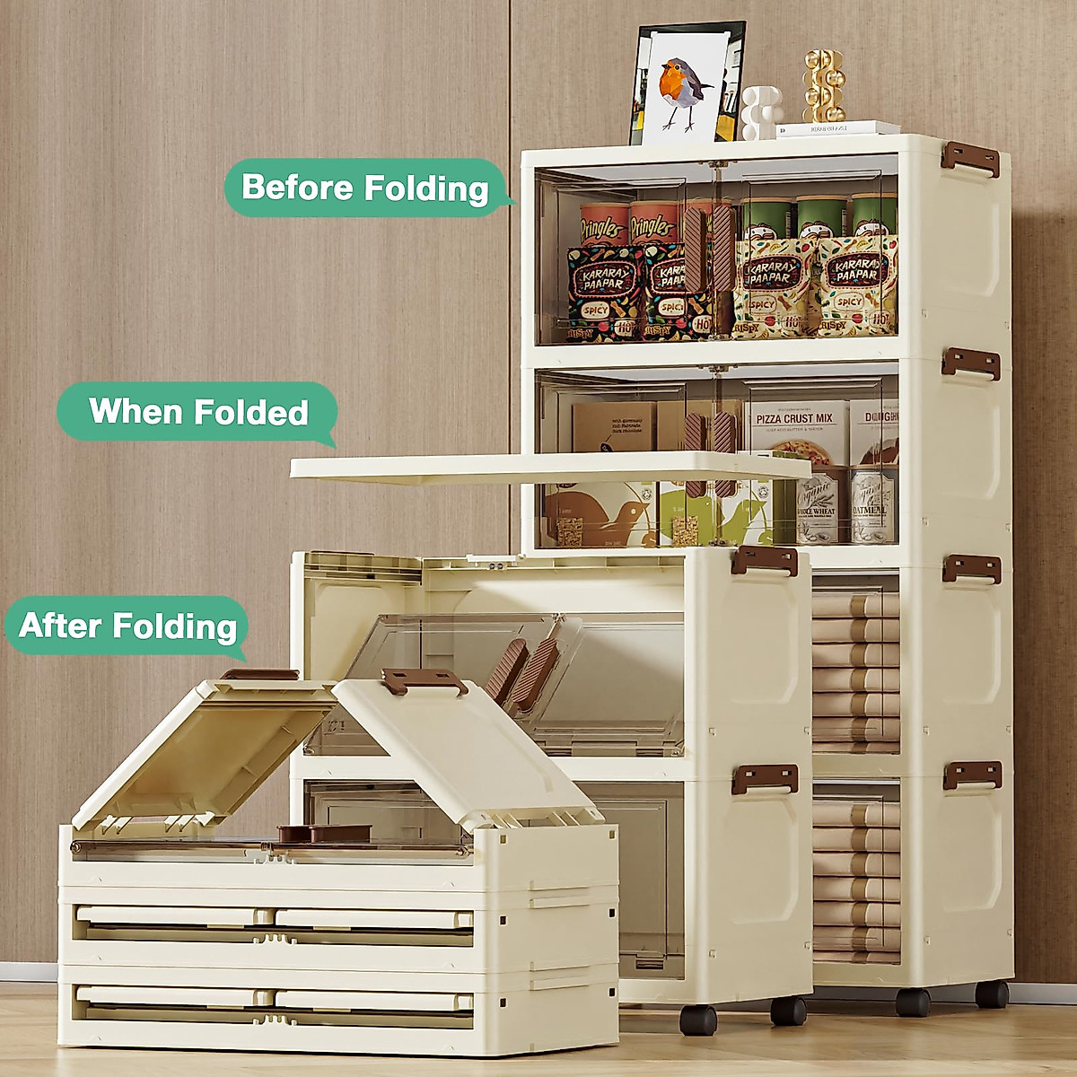 Roweida Stackable Storage Bins with Lids 8 Gal Folding,5-Tier 18.9x9.8x10.2in Plastic Foldable Storage Boxes with Doors