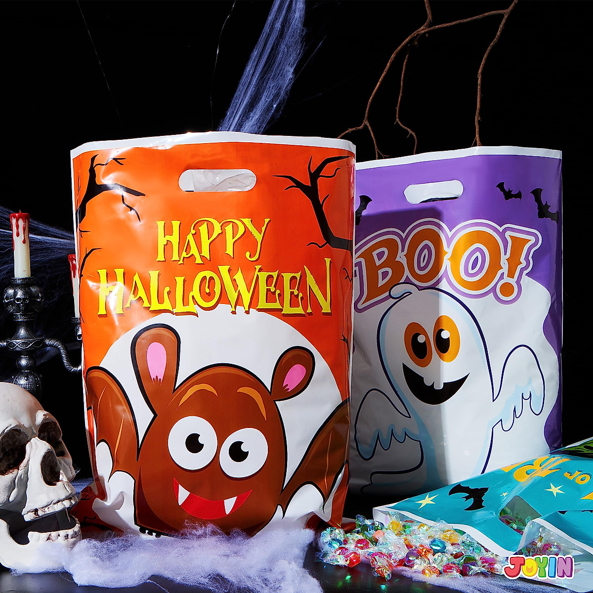 JOYIN 72 PCS Halloween Candy Bag for Trick or Treat, Halloween Treat Bags with 6 Designed Characters, Halloween Plastic Goodie Gift Bags for Party Favors Party Supplies