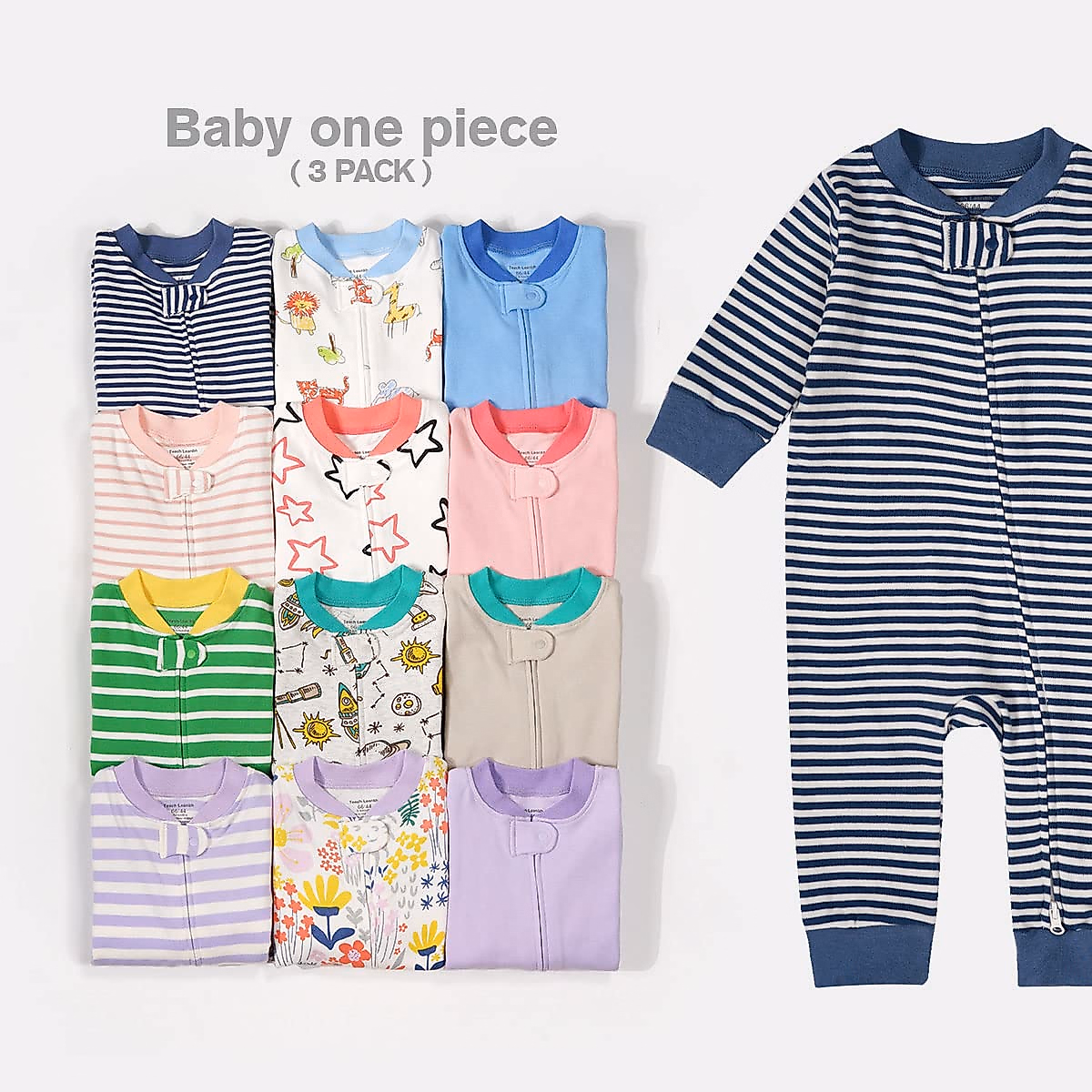 Teach Leanbh Baby Boys Girls 3 Pack Footless Pajamas Cotton Long Sleeve 2 Way Zipper Romper Sleep and Play (as1, age, 3_months, 6_months, Baby, Purple/Flower, 3-6 Months)