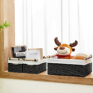 Vagusicc Wicker Storage Basket, Set of 3 Hand-woven Wicker Baskets for Organizing, Large Cube Storage Organizer Baskets Bins with Handles for Shelves Decor, Small Toilet Paper Storage Basket, Black