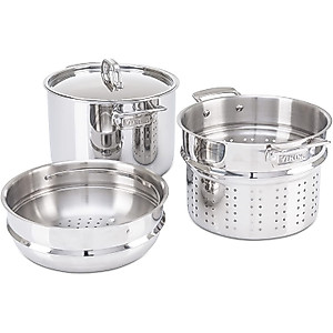 Viking Culinary 3-Ply Stainless Steel Pasta Pot, 8 Quart, Includes Pasta & Steamer Insert, Dishwasher, Oven Safe, Works on All Cooktops including Induction