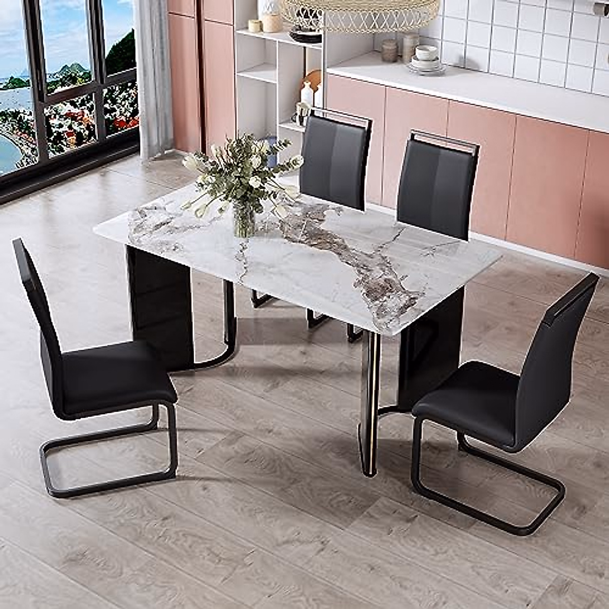 Goderfuu Glass Dining Table for 6 People, 63 inch Modern Kitchen Table with Black Wood Base, White Marble Textured Glass Dining Table Pedestal Dinner Table, Faux Marble Dining Table for Dining Room