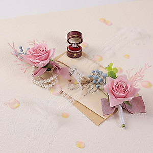 GLIDLION 2Pcs Men Boutonniere and Woman Wrist Corsage Set,Artificial Flowers Groom/Groomsman Boutonniere Pins,Bride/Bridesmaid Wrist Corsage for Wedding Party Homecoming Prom (Dusty Pink)