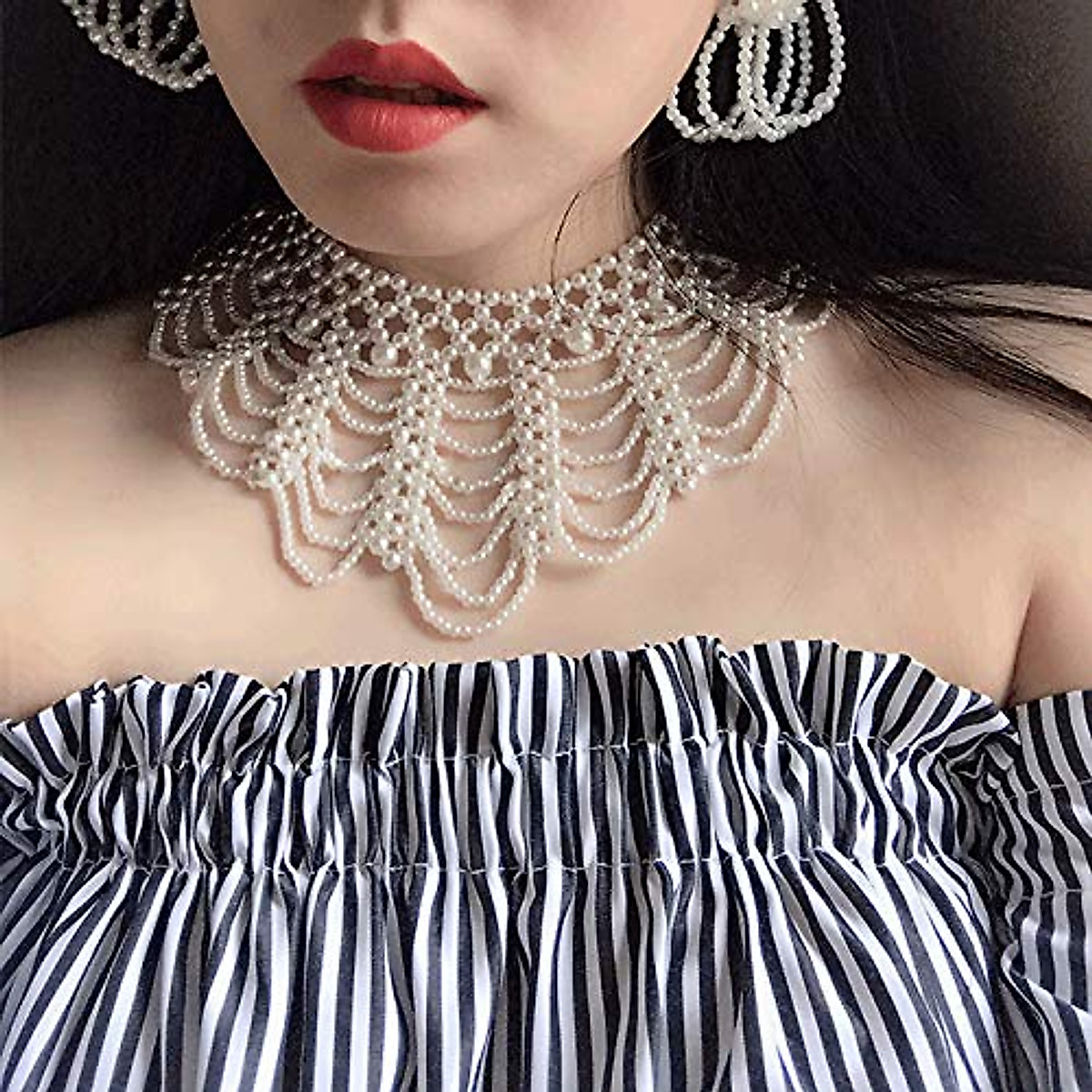 Shinywear Women Pearl Beads Necklace Decorative Gown Dress False Collar Luxury Crown Choker Dicky Neckwear Cream White