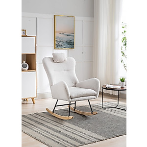 Lepfun 35.5 inch Casual, Soft Teddy Velvet Fabric Rocking Chair for Nursery,Comfy Wingback Glider Rocker with Safe Solid Wood Base for Living Room Bedroom and Balcony,White