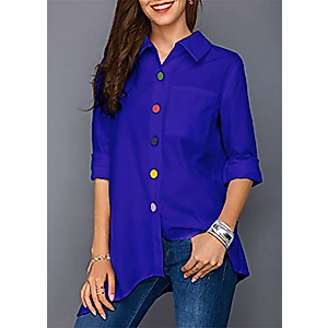 Andongnywell Womens Roll up Sleeve Irregular Hem Button Shirts Pullover Stretch Formal Casual Shirt Blouse (Blue,8,5X-Large)