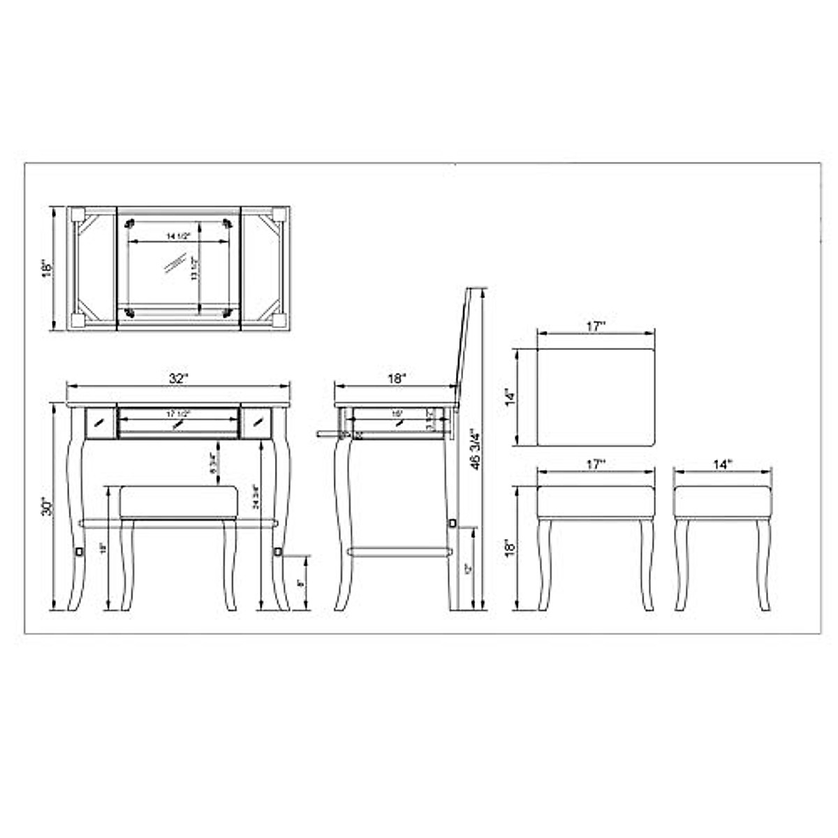 Linon Silver Harper Vanity Set, 32" W x 18" D x 46.75" H
