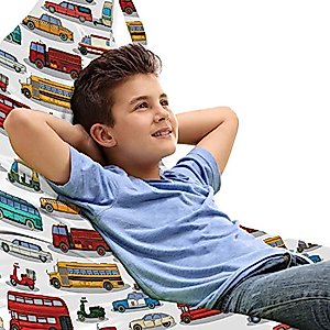 Lunarable Cars Lounger Chair Bag, Vintage Style Cars Bikes Trucks Buses and Caravans on Plain Background, High Capacity Storage with Handle Container, Lounger Size, White Multicolor