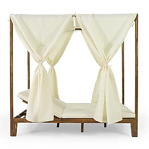 Merax Outdoor Daybed Patio Chaise Lounge,Acacia Wood Sunbed with Adjustable Seats,Overhead Curtains and Thick Cushions for Backyard, Cream