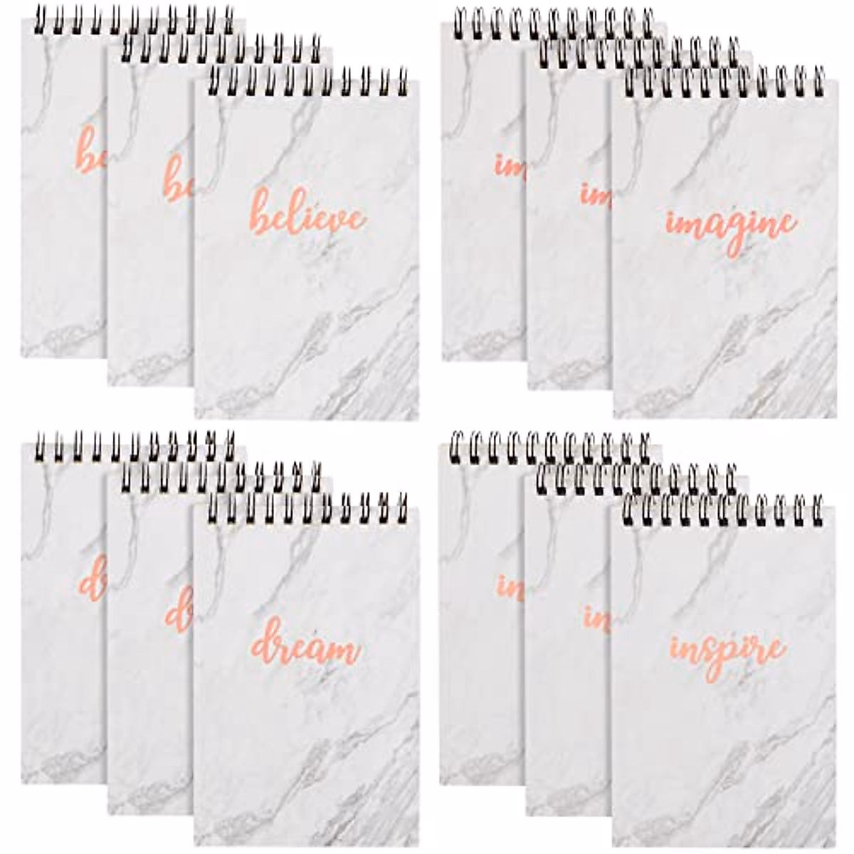 Paper Junkie 12-Pack Small Spiral Bound Motivational Notebooks, 4x6-Inch Bulk Marble Pink Note Pads, 50 Sheets Each, Inspirational Notepads, Imagine, Believe, Inspire, Dream Cover Designs