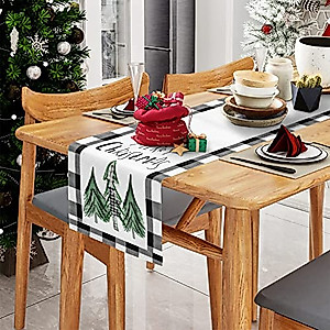 Jbralid Merry Christmas Trees Table Runner 72 Inch Xmas Winter Holiday Black and White Buffalo Plaid Table Cloth Decorations for Home Dining Room Party Decor