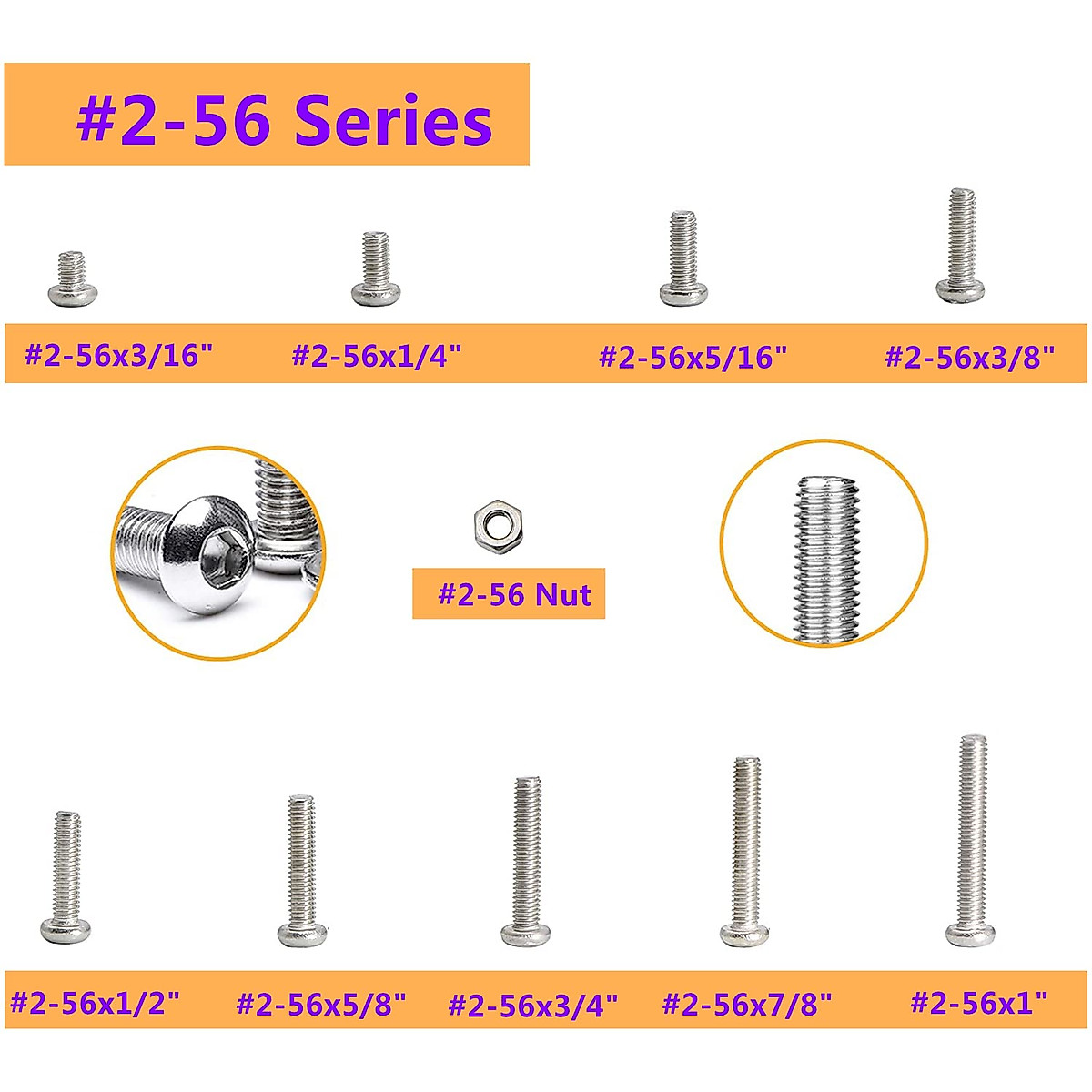 Elantek #2-56 UNC 304-Stainless Steel Button Head Hex Socket Cap Bolts Screws Nuts Assortment Kit