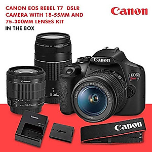 Canon T7 EOS Rebel DSLR Camera with 18-55mm and 75-300mm Lenses Kit & 32GB Dual SD Card Accessory Bundle (Renewed)